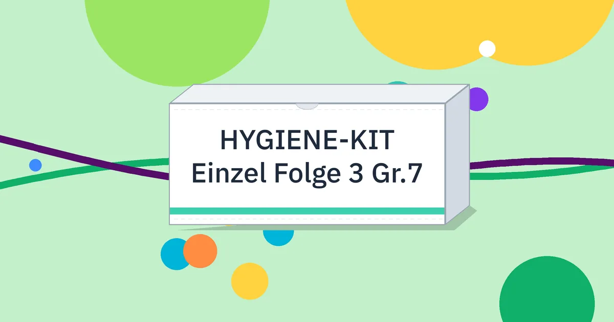 Symbolbild: Packung mit der Aufschrift HYGIENE-KIT Einzel Folge 3 Gr.7 (PZN 17443546) – Verfügbarkeit und Bezug in Apotheken in Frankfurt am Main