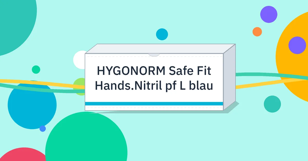 Symbolbild: Packung mit der Aufschrift HYGONORM Safe Fit Hands.Nitril pf L blau (PZN 20773508) – Verfügbarkeit und Bezug in Apotheken in Frankfurt am Main