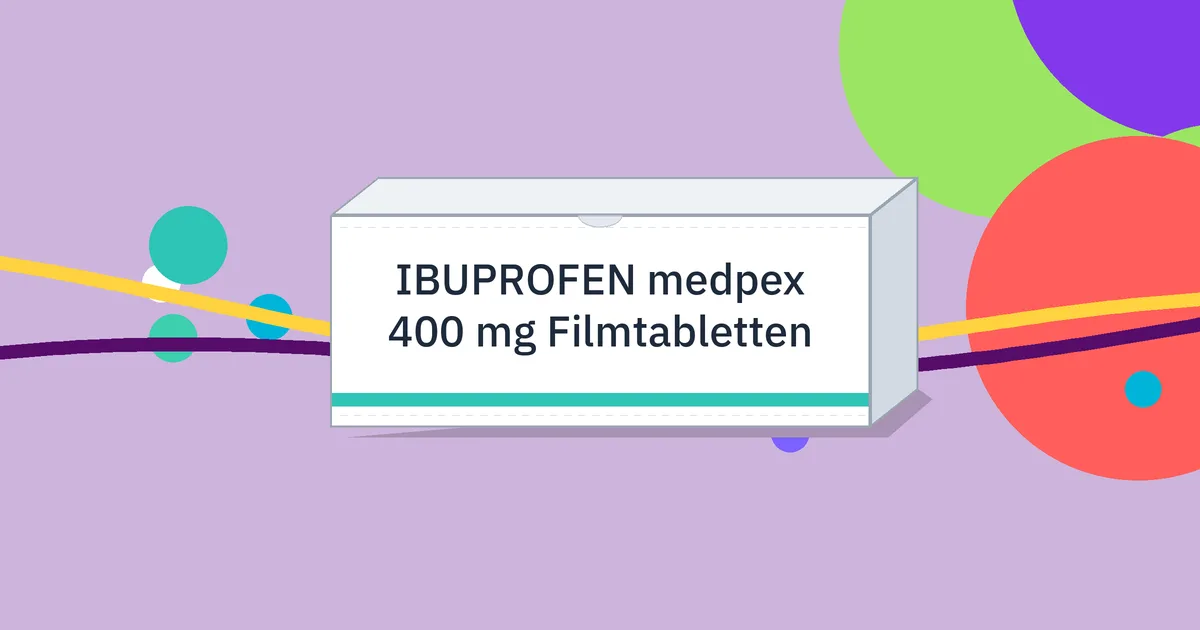 Symbolbild: Packung mit der Aufschrift IBUPROFEN medpex 400 mg Filmtabletten (PZN 12472419) – Verfügbarkeit und Bezug in Apotheken in Frankfurt am Main