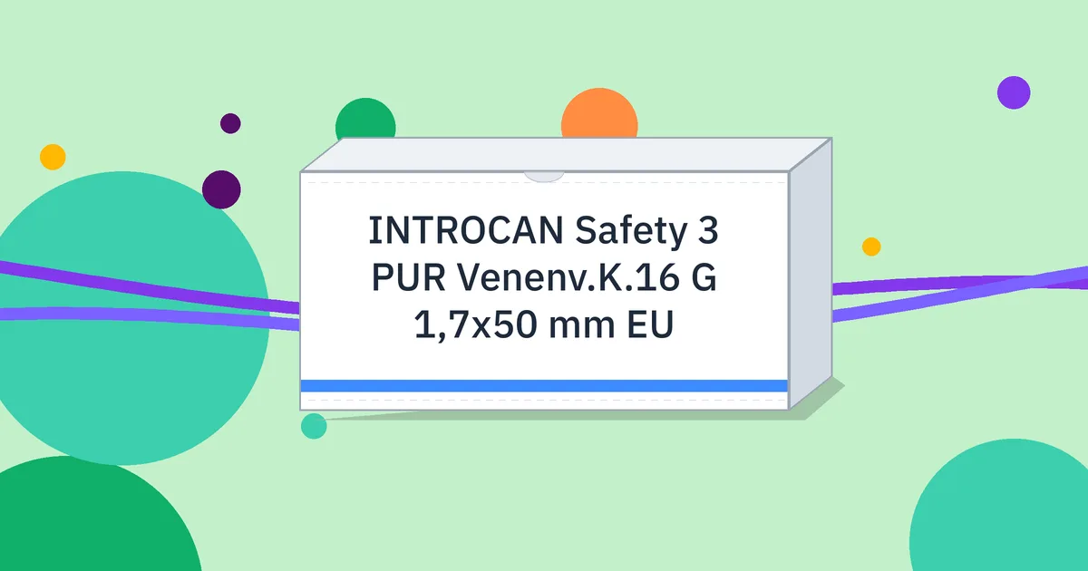 Symbolbild: Packung mit der Aufschrift INTROCAN Safety 3 PUR Venenv.K.16 G 1,7x50 mm EU (PZN 20345066) – Verfügbarkeit und Bezug in Apotheken in Frankfurt am Main