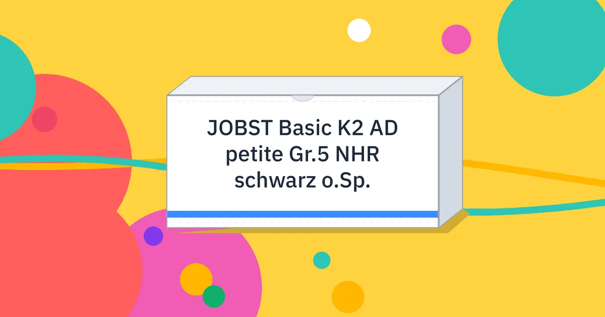 Symbolbild: Packung mit der Aufschrift JOBST Basic K2 AD petite Gr.5 NHR schwarz o.Sp. (PZN 15313236) – Verfügbarkeit und Bezug in Apotheken in Frankfurt am Main