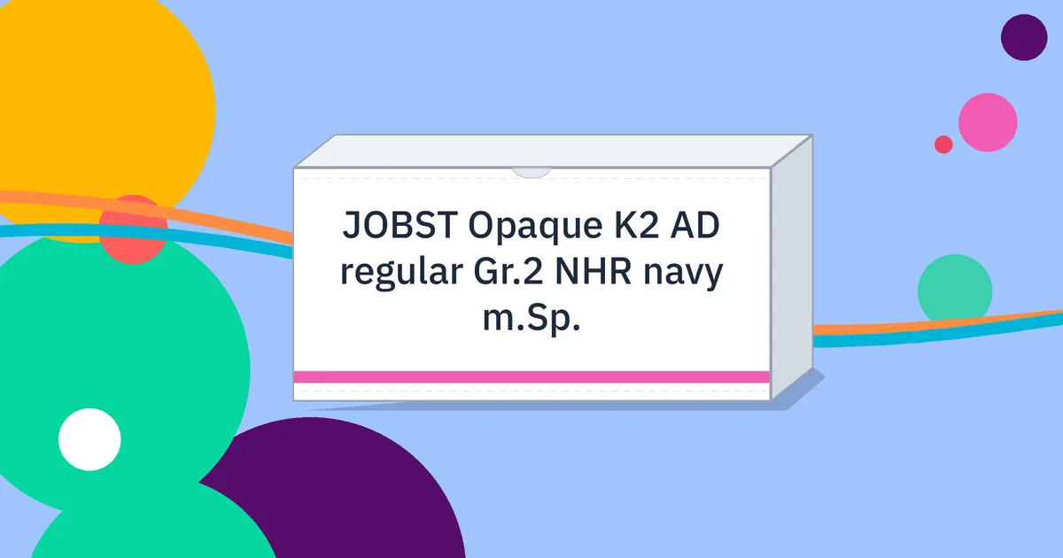 Symbolbild: Packung mit der Aufschrift JOBST Opaque K2 AD regular Gr.2 NHR navy m.Sp. (PZN 13110486) – Verfügbarkeit und Bezug in Apotheken in Frankfurt am Main