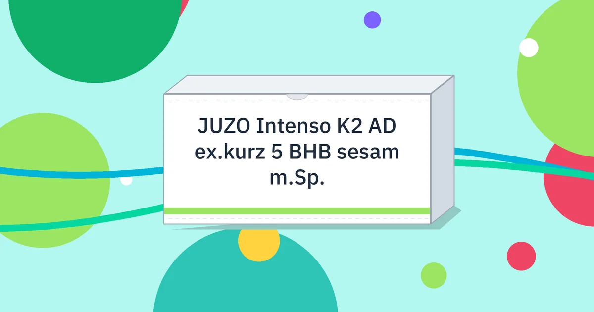 Symbolbild: Packung mit der Aufschrift JUZO Intenso K2 AD ex.kurz 5 BHB sesam m.Sp. (PZN 18615127) – Verfügbarkeit und Bezug in Apotheken in Frankfurt am Main