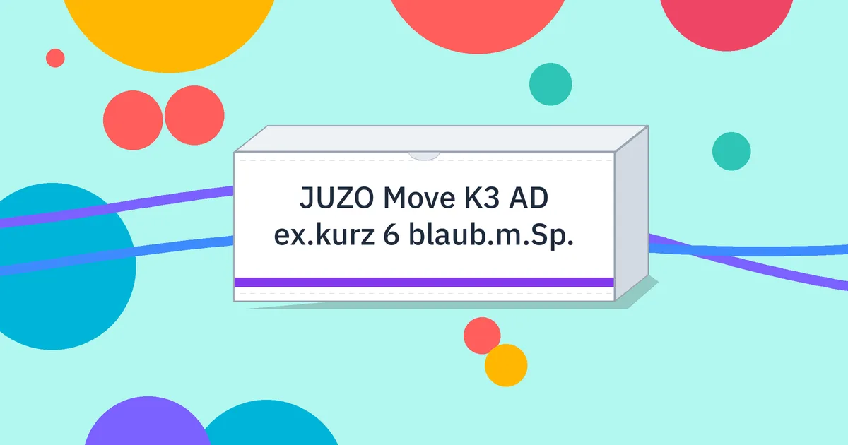 Symbolbild: Packung mit der Aufschrift JUZO Move K3 AD ex.kurz 6 blaub.m.Sp. (PZN 18573179) – Verfügbarkeit und Bezug in Apotheken in Frankfurt am Main