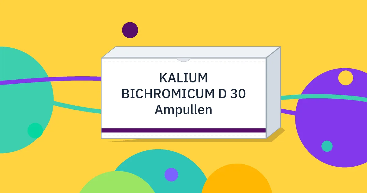 Symbolbild: Packung mit der Aufschrift KALIUM BICHROMICUM D 30 Ampullen (PZN 11706654) – Verfügbarkeit und Bezug in Apotheken in Frankfurt am Main