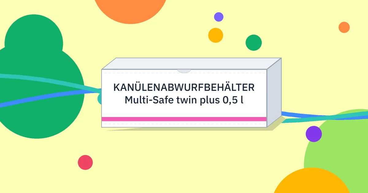 Symbolbild: Packung mit der Aufschrift KANÜLENABWURFBEHÄLTER Multi-Safe twin plus 0,5 l (PZN 18197138) – Verfügbarkeit und Bezug in Apotheken in Frankfurt am Main