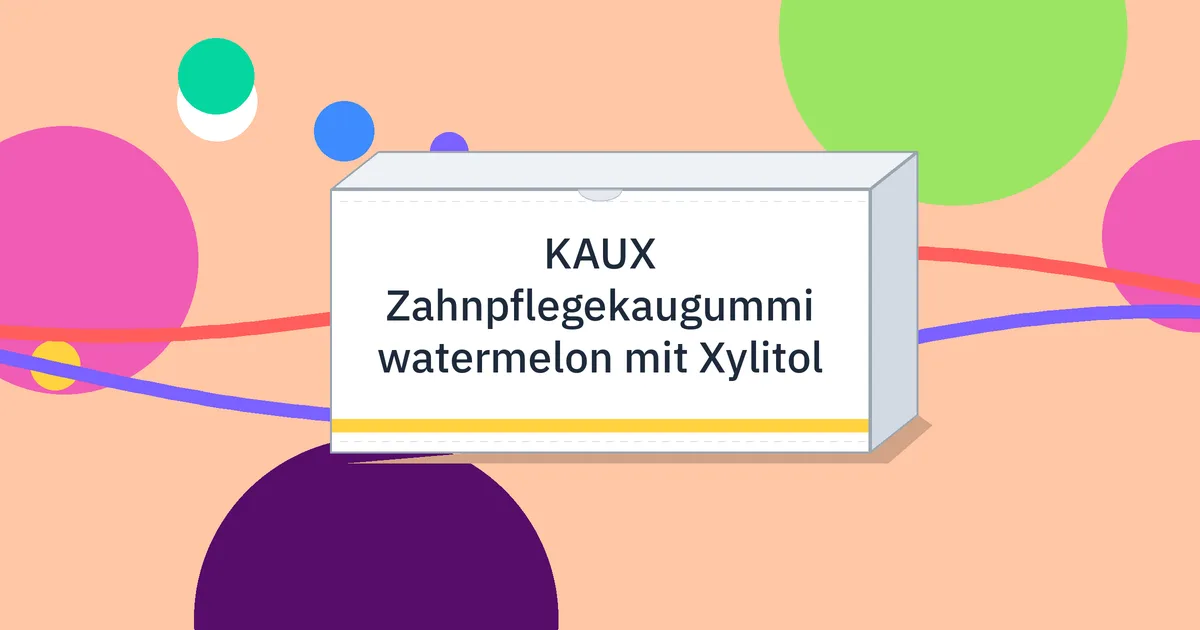 Symbolbild: Packung mit der Aufschrift KAUX Zahnpflegekaugummi watermelon mit Xylitol (PZN 18839393) – Verfügbarkeit und Bezug in Apotheken in Frankfurt am Main