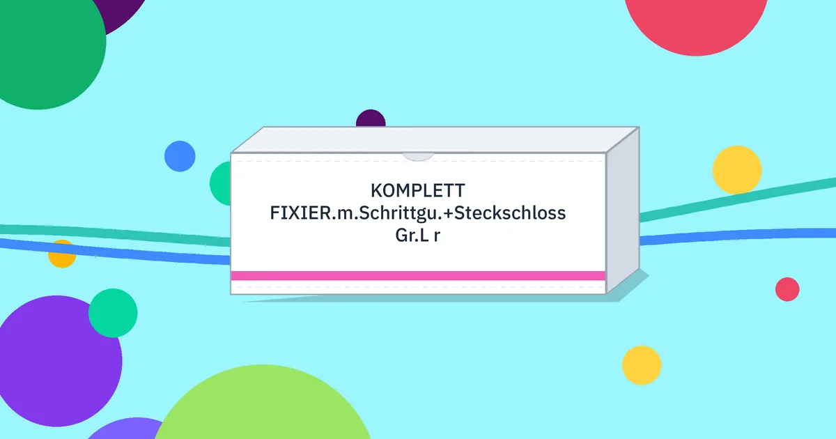 Symbolbild: Packung mit der Aufschrift KOMPLETT FIXIER.m.Schrittgu.+Steckschloss Gr.L r (PZN 11573495) – Verfügbarkeit und Bezug in Apotheken in Frankfurt am Main
