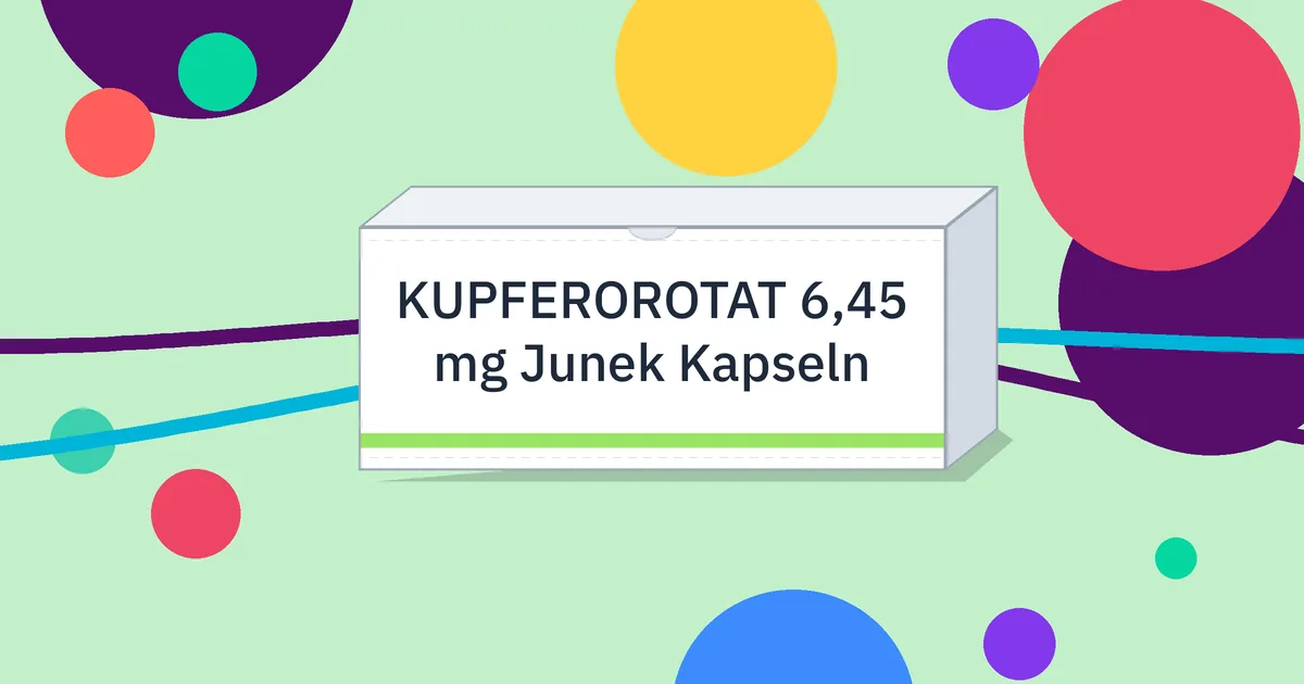 Symbolbild: Packung mit der Aufschrift KUPFEROROTAT 6,45 mg Junek Kapseln (PZN 11658599) – Verfügbarkeit und Bezug in Apotheken in Frankfurt am Main