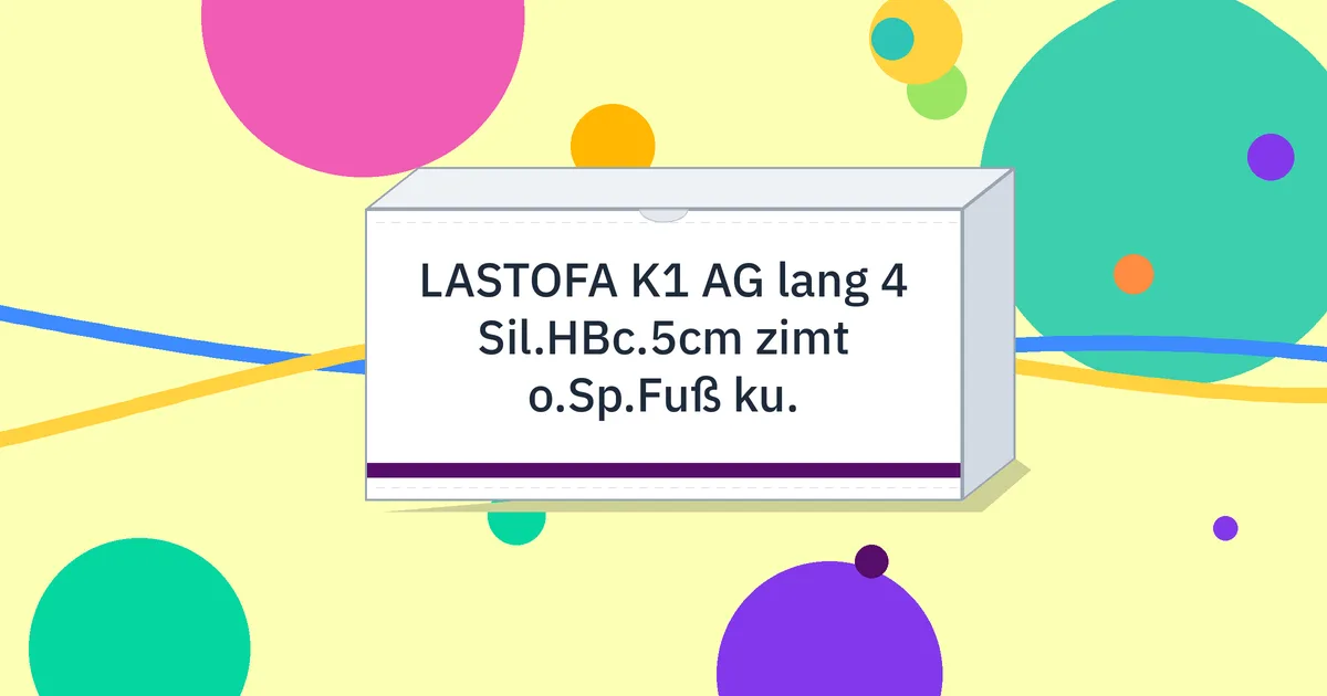 Symbolbild: Packung mit der Aufschrift LASTOFA K1 AG lang 4 Sil.HBc.5cm zimt o.Sp.Fuß ku. (PZN 13791977) – Verfügbarkeit und Bezug in Apotheken in Frankfurt am Main