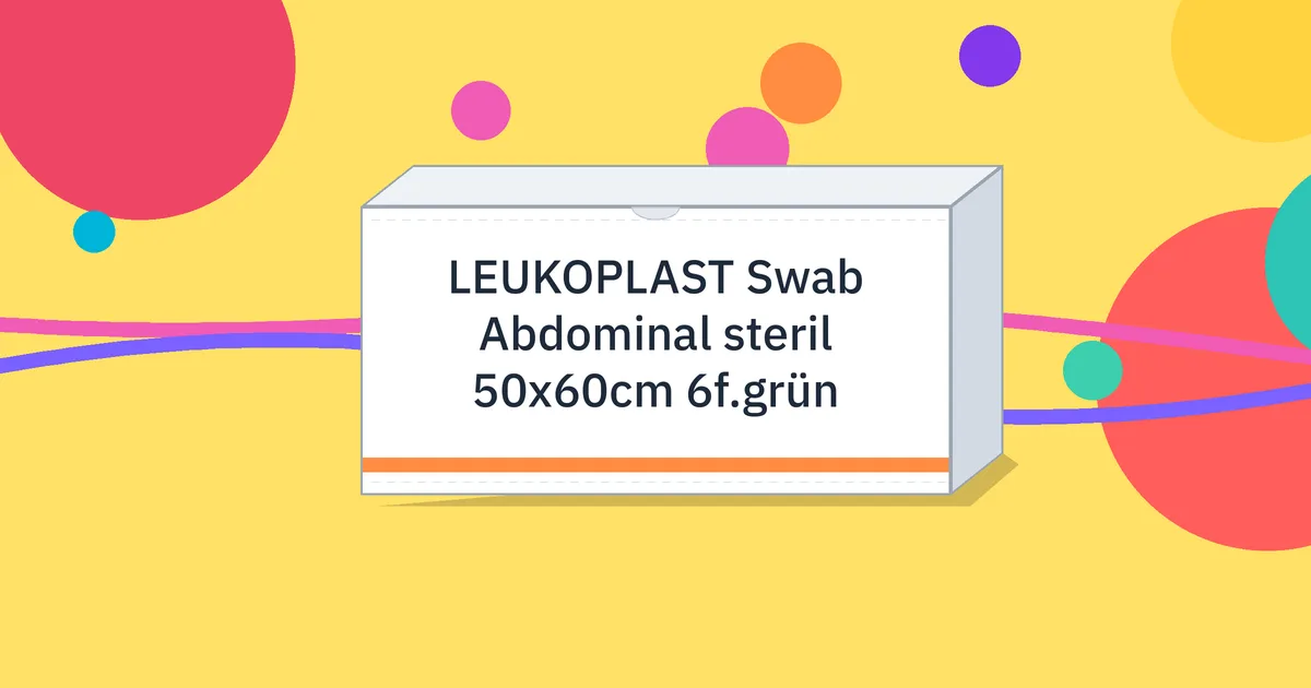 Symbolbild: Packung mit der Aufschrift LEUKOPLAST Swab Abdominal steril 50x60cm 6f.grün (PZN 17208176) – Verfügbarkeit und Bezug in Apotheken in Frankfurt am Main