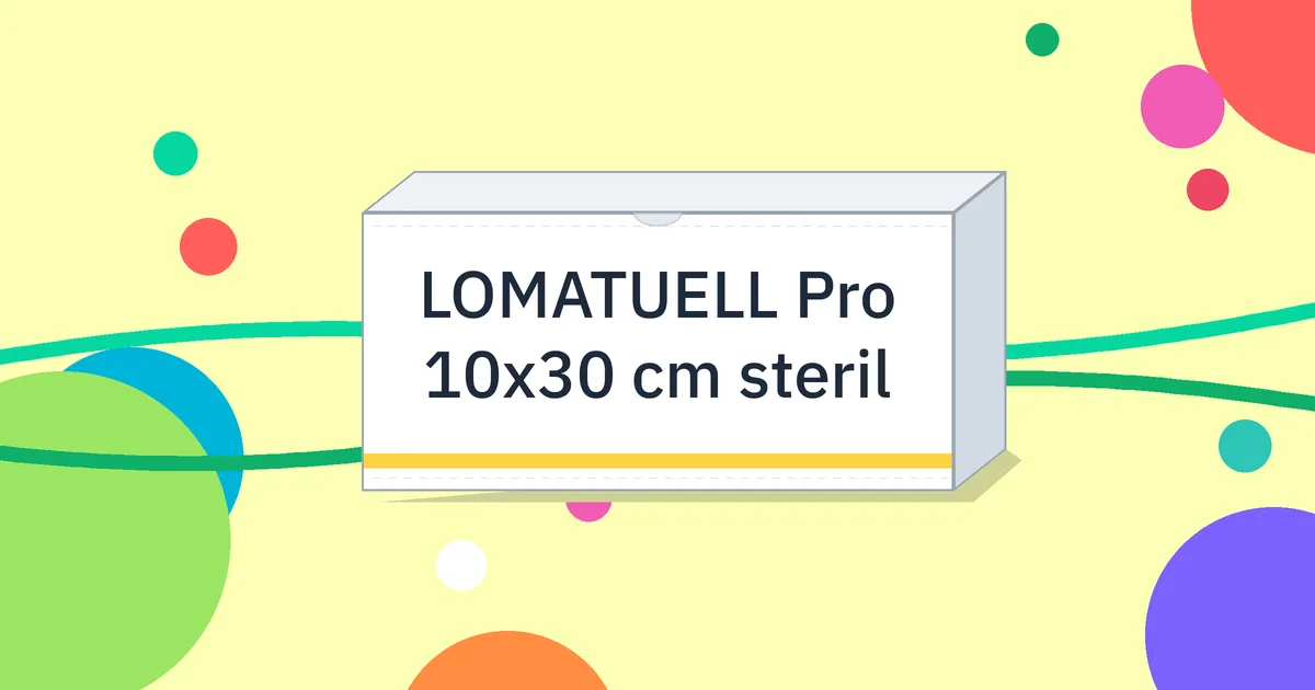 Symbolbild: Packung mit der Aufschrift LOMATUELL Pro 10x30 cm steril (PZN 16829611) – Verfügbarkeit und Bezug in Apotheken in Frankfurt am Main