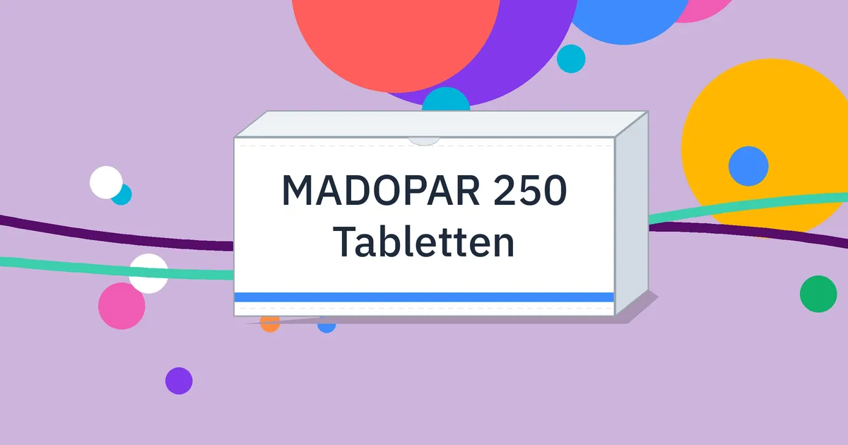 Symbolbild: Packung mit der Aufschrift MADOPAR 250 Tabletten (PZN 04774796) – Verfügbarkeit und Bezug in Apotheken in Frankfurt am Main