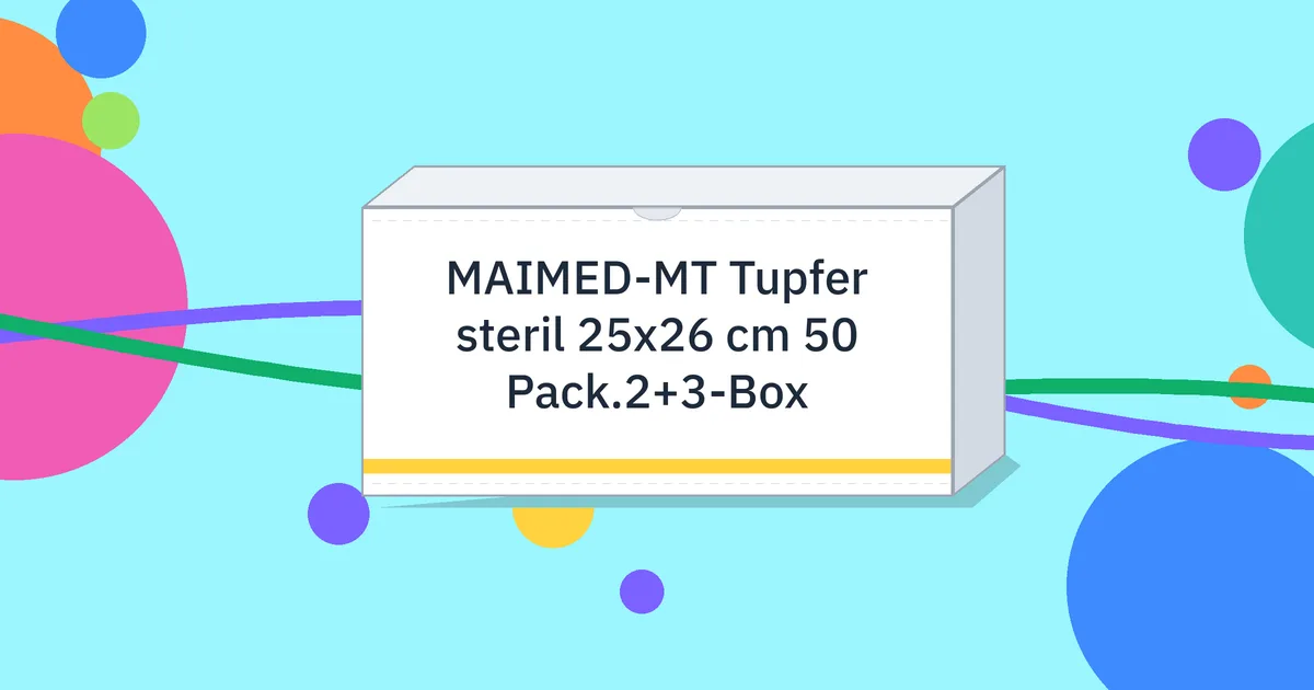 Symbolbild: Packung mit der Aufschrift MAIMED-MT Tupfer steril 25x26 cm 50 Pack.2+3-Box (PZN 09207487) – Verfügbarkeit und Bezug in Apotheken in Frankfurt am Main