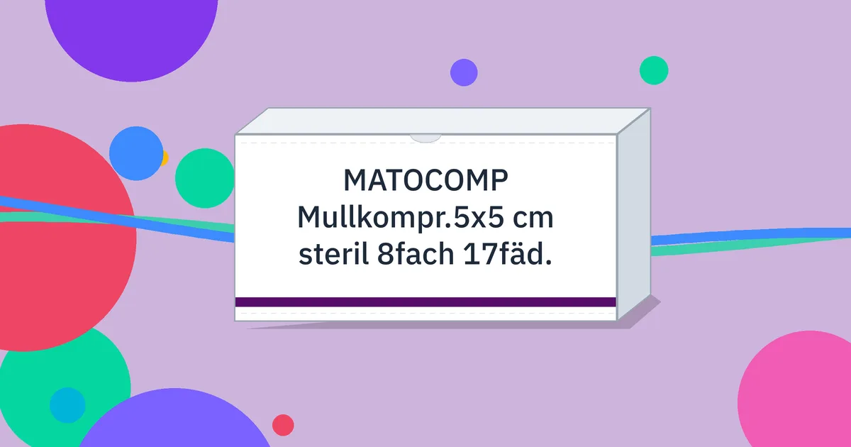 Symbolbild: Packung mit der Aufschrift MATOCOMP Mullkompr.5x5 cm steril 8fach 17fäd. (PZN 03752829) – Verfügbarkeit und Bezug in Apotheken in Frankfurt am Main