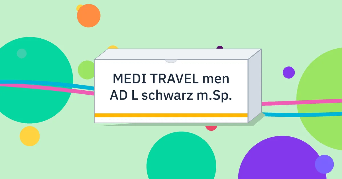 Symbolbild: Packung mit der Aufschrift MEDI TRAVEL men AD L schwarz m.Sp. (PZN 07669367) – Verfügbarkeit und Bezug in Apotheken in Frankfurt am Main