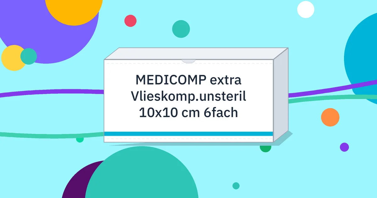 Symbolbild: Packung mit der Aufschrift MEDICOMP extra Vlieskomp.unsteril 10x10 cm 6fach (PZN 19367387) – Verfügbarkeit und Bezug in Apotheken in Frankfurt am Main