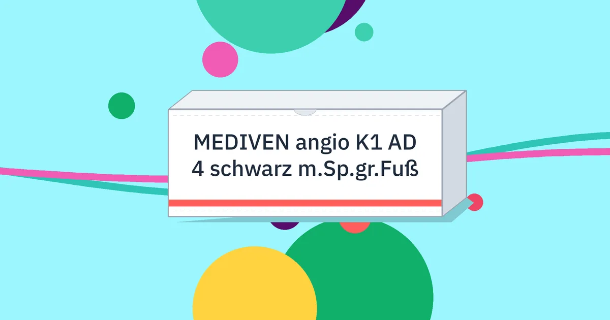 Symbolbild: Packung mit der Aufschrift MEDIVEN angio K1 AD 4 schwarz m.Sp.gr.Fuß (PZN 17210204) – Verfügbarkeit und Bezug in Apotheken in Frankfurt am Main