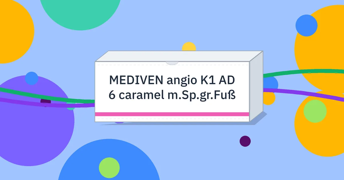 Symbolbild: Packung mit der Aufschrift MEDIVEN angio K1 AD 6 caramel m.Sp.gr.Fuß (PZN 17210078) – Verfügbarkeit und Bezug in Apotheken in Frankfurt am Main