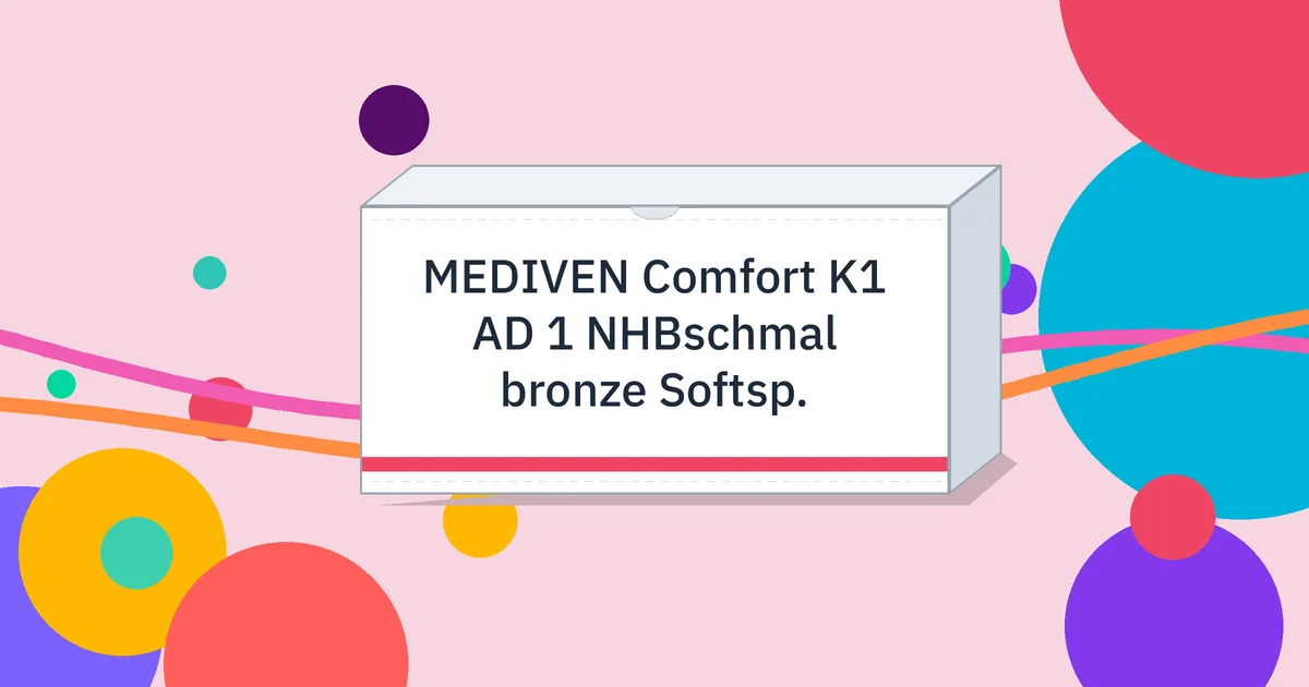 Symbolbild: Packung mit der Aufschrift MEDIVEN Comfort K1 AD 1 NHBschmal bronze Softsp. (PZN 14561802) – Verfügbarkeit und Bezug in Apotheken in Frankfurt am Main