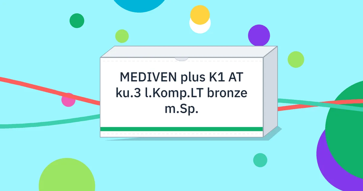 Symbolbild: Packung mit der Aufschrift MEDIVEN plus K1 AT ku.3 l.Komp.LT bronze m.Sp. (PZN 15029707) – Verfügbarkeit und Bezug in Apotheken in Frankfurt am Main