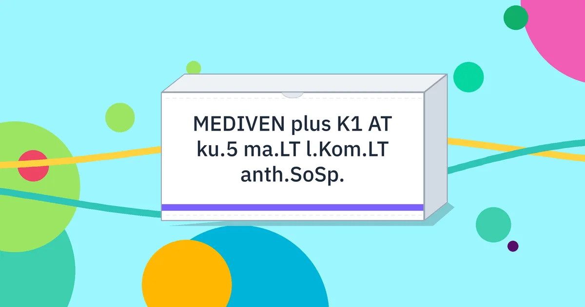 Symbolbild: Packung mit der Aufschrift MEDIVEN plus K1 AT ku.5 ma.LT l.Kom.LT anth.SoSp. (PZN 15071626) – Verfügbarkeit und Bezug in Apotheken in Frankfurt am Main