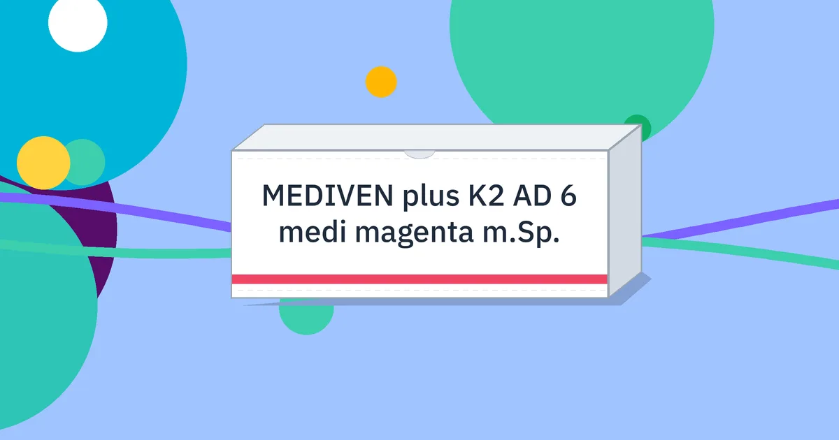Symbolbild: Packung mit der Aufschrift MEDIVEN plus K2 AD 6 medi magenta m.Sp. (PZN 15093378) – Verfügbarkeit und Bezug in Apotheken in Frankfurt am Main