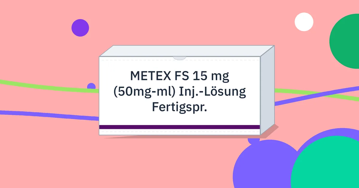 Symbolbild: Packung mit der Aufschrift METEX FS 15 mg (50mg-ml) Inj.-Lösung Fertigspr. (PZN 17880123) – Verfügbarkeit und Bezug in Apotheken in Frankfurt am Main