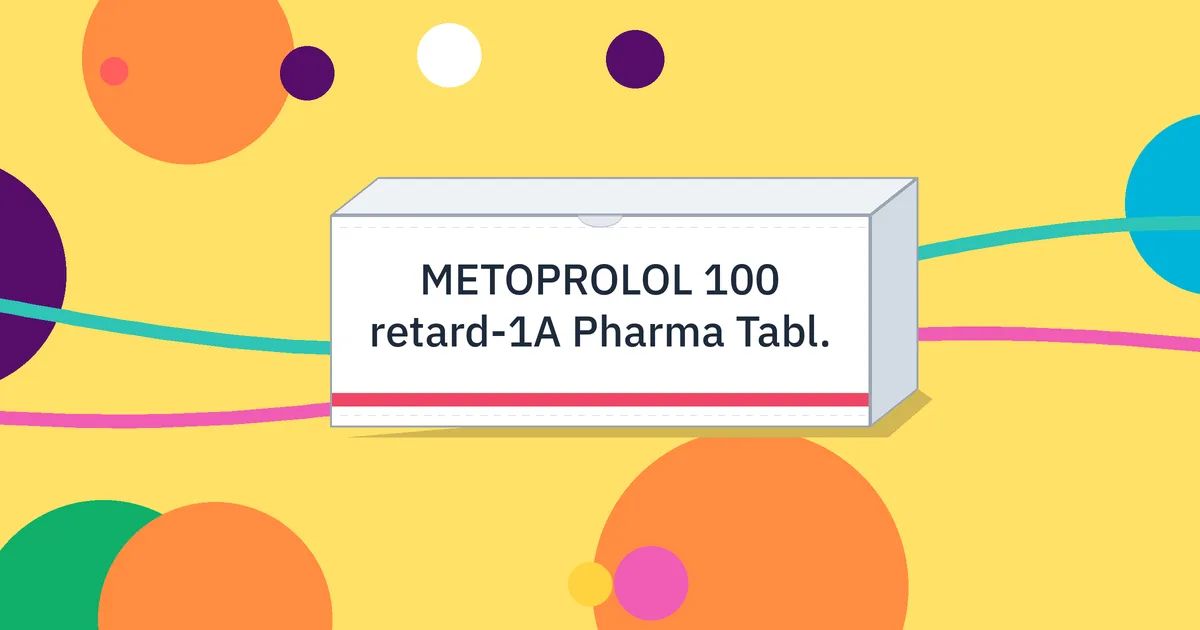 Symbolbild: Packung mit der Aufschrift METOPROLOL 100 retard-1A Pharma Tabl. (PZN 11669835) – Verfügbarkeit und Bezug in Apotheken in Frankfurt am Main