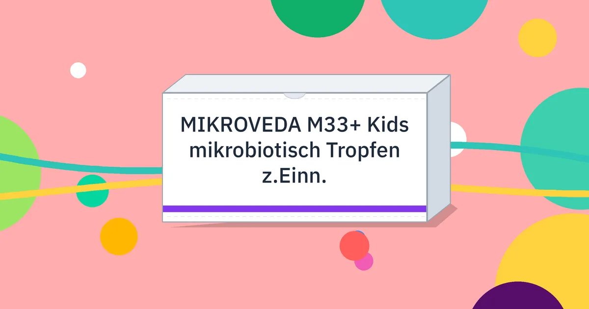 Symbolbild: Packung mit der Aufschrift MIKROVEDA M33+ Kids mikrobiotisch Tropfen z.Einn. (PZN 17955513) – Verfügbarkeit und Bezug in Apotheken in Frankfurt am Main