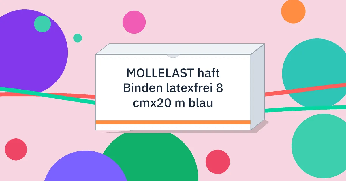 Symbolbild: Packung mit der Aufschrift MOLLELAST haft Binden latexfrei 8 cmx20 m blau (PZN 15430640) – Verfügbarkeit und Bezug in Apotheken in Frankfurt am Main