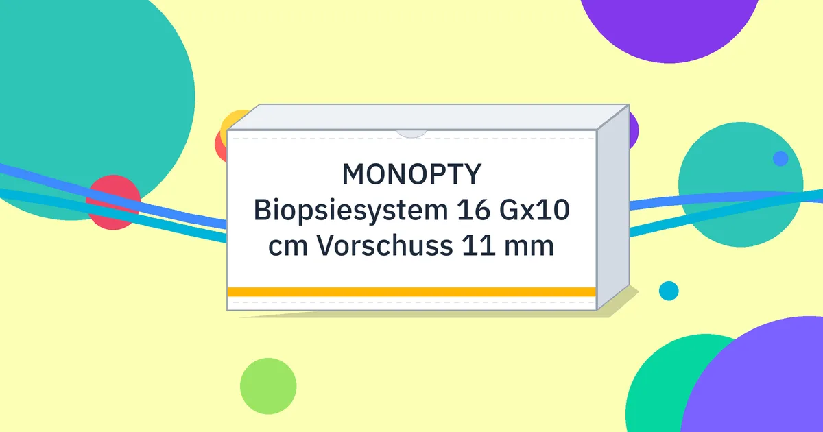 Symbolbild: Packung mit der Aufschrift MONOPTY Biopsiesystem 16 Gx10 cm Vorschuss 11 mm (PZN 03472461) – Verfügbarkeit und Bezug in Apotheken in Frankfurt am Main