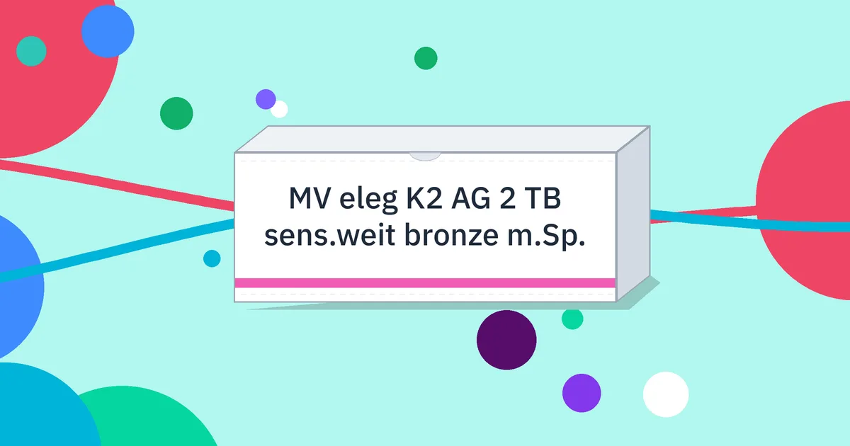 Symbolbild: Packung mit der Aufschrift MV eleg K2 AG 2 TB sens.weit bronze m.Sp. (PZN 14719077) – Verfügbarkeit und Bezug in Apotheken in Frankfurt am Main
