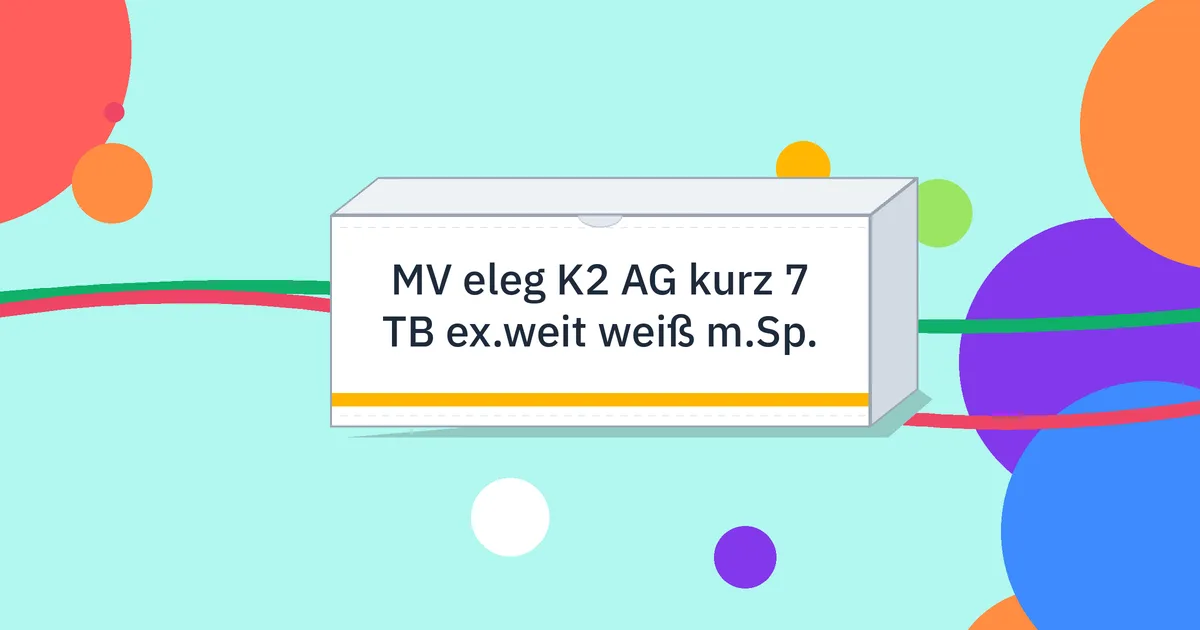 Symbolbild: Packung mit der Aufschrift MV eleg K2 AG kurz 7 TB ex.weit weiß m.Sp. (PZN 09880586) – Verfügbarkeit und Bezug in Apotheken in Frankfurt am Main