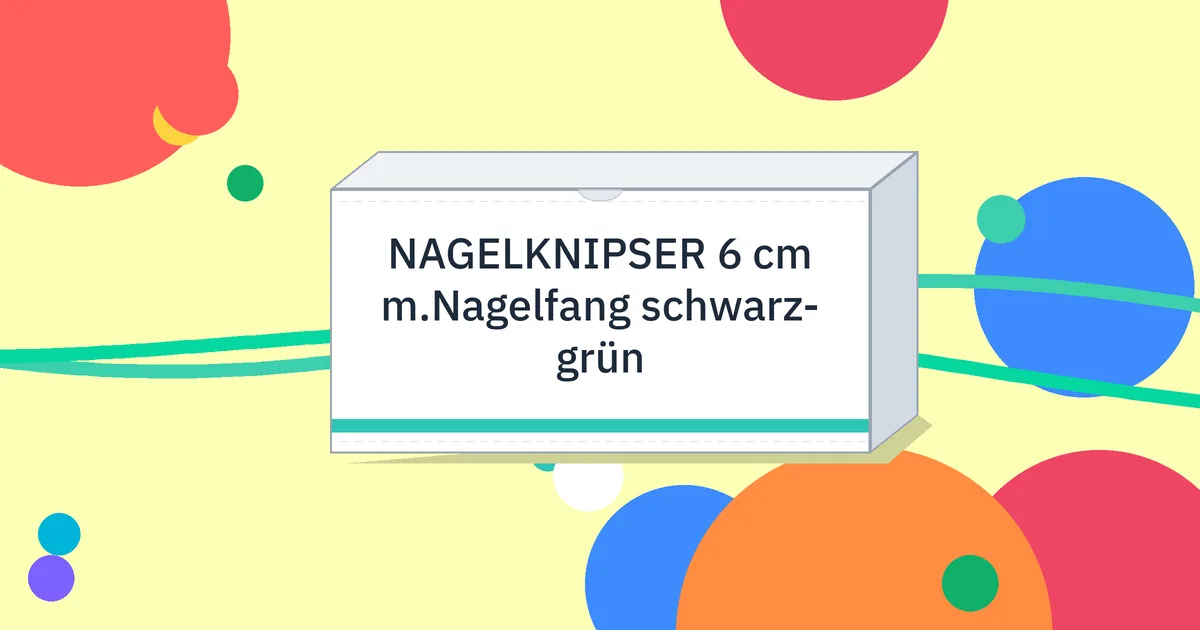 Symbolbild: Packung mit der Aufschrift NAGELKNIPSER 6 cm m.Nagelfang schwarz-grün (PZN 18779952) – Verfügbarkeit und Bezug in Apotheken in Frankfurt am Main