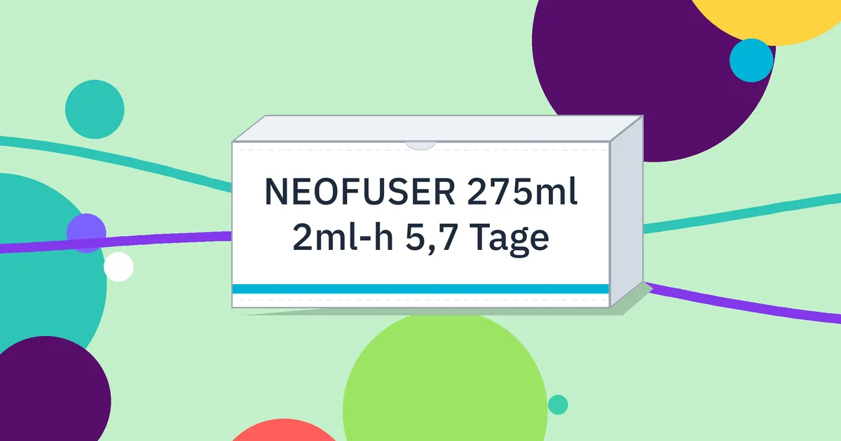 Symbolbild: Packung mit der Aufschrift NEOFUSER 275ml 2ml-h 5,7 Tage (PZN 16512216) – Verfügbarkeit und Bezug in Apotheken in Frankfurt am Main