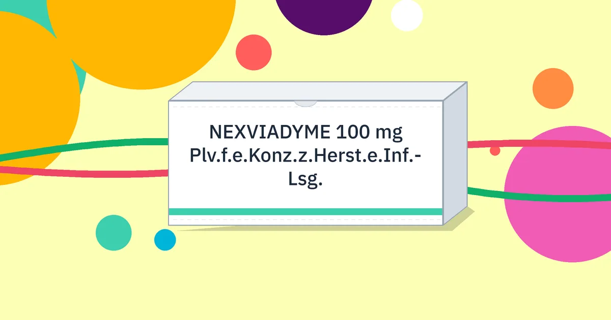 Symbolbild: Packung mit der Aufschrift NEXVIADYME 100 mg Plv.f.e.Konz.z.Herst.e.Inf.-Lsg. (PZN 20129374) – Verfügbarkeit und Bezug in Apotheken in Frankfurt am Main