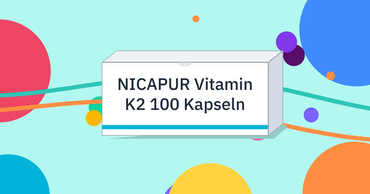 Symbolbild: Packung mit der Aufschrift NICAPUR Vitamin K2 100 Kapseln (PZN 13504179) – Verfügbarkeit und Bezug in Apotheken in Frankfurt am Main