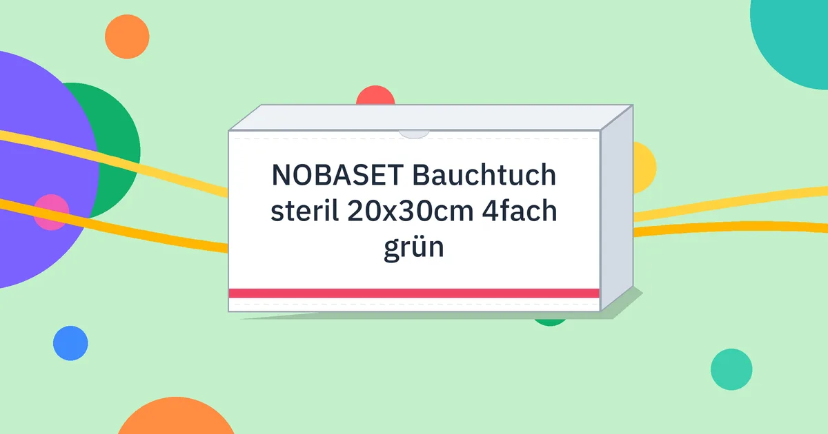Symbolbild: Packung mit der Aufschrift NOBASET Bauchtuch steril 20x30cm 4fach grün (PZN 10714864) – Verfügbarkeit und Bezug in Apotheken in Frankfurt am Main