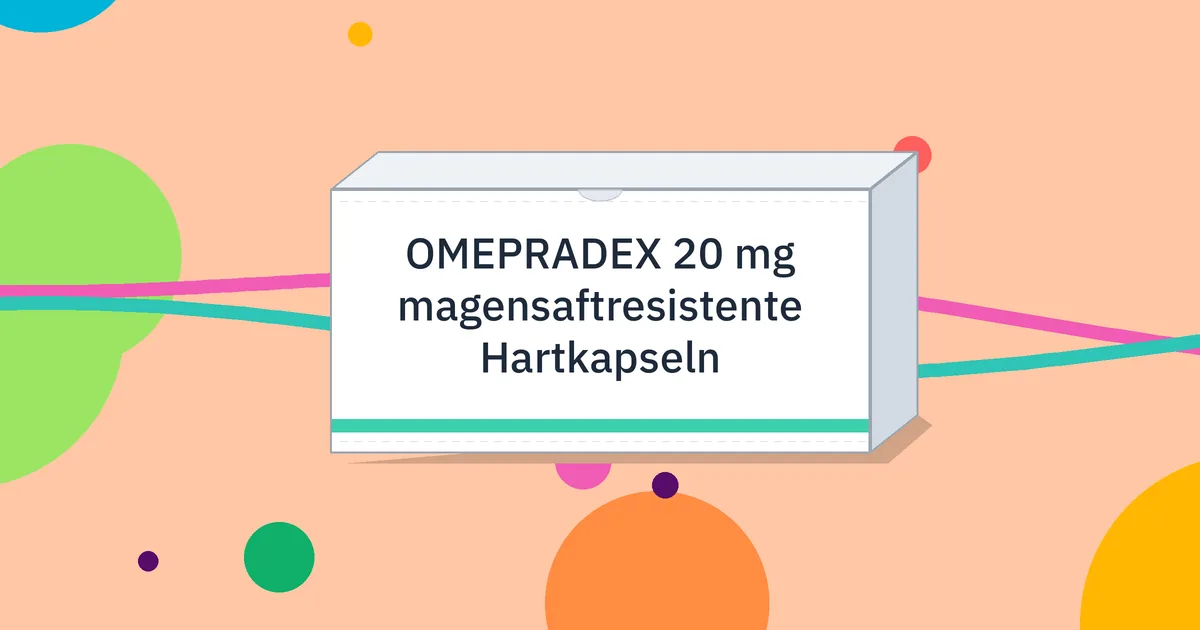 Symbolbild: Packung mit der Aufschrift OMEPRADEX 20 mg magensaftresistente Hartkapseln (PZN 09064616) – Verfügbarkeit und Bezug in Apotheken in Frankfurt am Main
