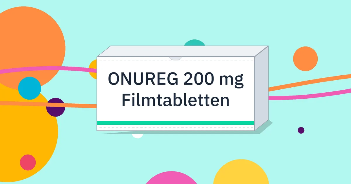 Symbolbild: Packung mit der Aufschrift ONUREG 200 mg Filmtabletten (PZN 19503962) – Verfügbarkeit und Bezug in Apotheken in Frankfurt am Main