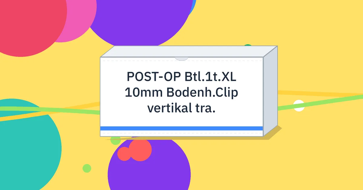 Symbolbild: Packung mit der Aufschrift POST-OP Btl.1t.XL 10mm Bodenh.Clip vertikal tra. (PZN 10544505) – Verfügbarkeit und Bezug in Apotheken in Frankfurt am Main