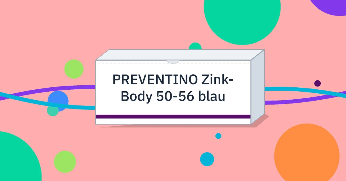 Symbolbild: Packung mit der Aufschrift PREVENTINO Zink-Body 50-56 blau (PZN 12447427) – Verfügbarkeit und Bezug in Apotheken in Frankfurt am Main