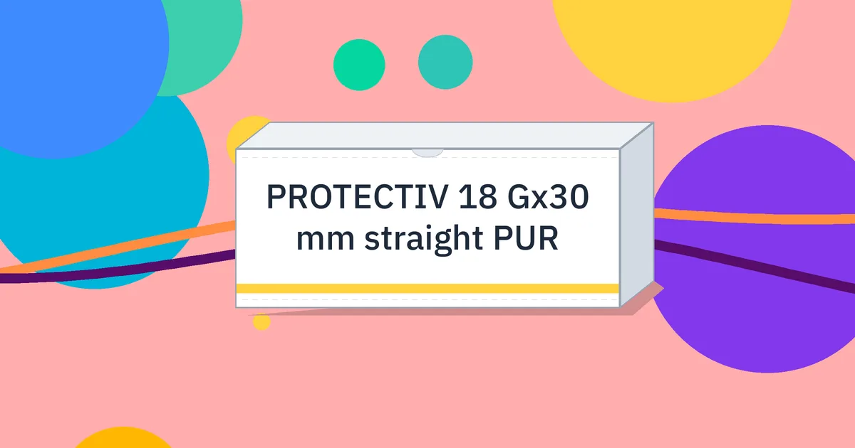 Symbolbild: Packung mit der Aufschrift PROTECTIV 18 Gx30 mm straight PUR (PZN 09104445) – Verfügbarkeit und Bezug in Apotheken in Frankfurt am Main