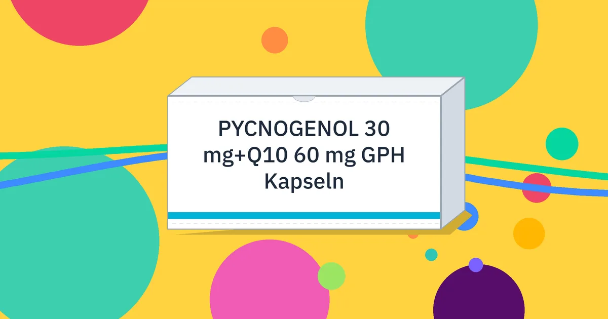 Symbolbild: Packung mit der Aufschrift PYCNOGENOL 30 mg+Q10 60 mg GPH Kapseln (PZN 01160898) – Verfügbarkeit und Bezug in Apotheken in Frankfurt am Main