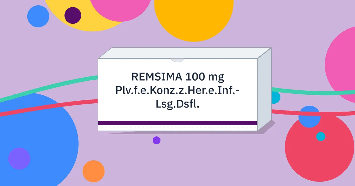 Symbolbild: Packung mit der Aufschrift REMSIMA 100 mg Plv.f.e.Konz.z.Her.e.Inf.-Lsg.Dsfl. (PZN 15617284) – Verfügbarkeit und Bezug in Apotheken in Frankfurt am Main