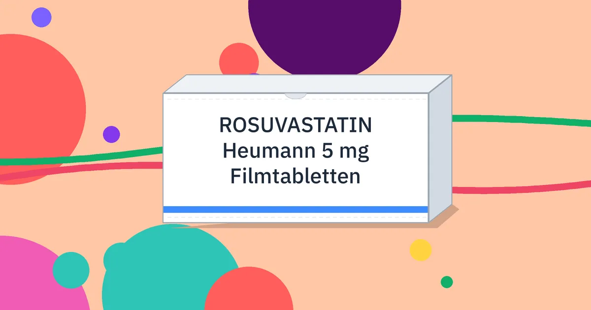 Symbolbild: Packung mit der Aufschrift ROSUVASTATIN Heumann 5 mg Filmtabletten (PZN 12397362) – Verfügbarkeit und Bezug in Apotheken in Frankfurt am Main