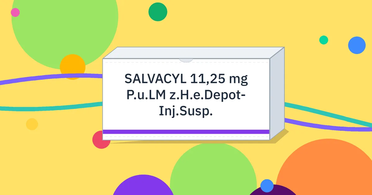 Symbolbild: Packung mit der Aufschrift SALVACYL 11,25 mg P.u.LM z.H.e.Depot-Inj.Susp. (PZN 02616314) – Verfügbarkeit und Bezug in Apotheken in Frankfurt am Main