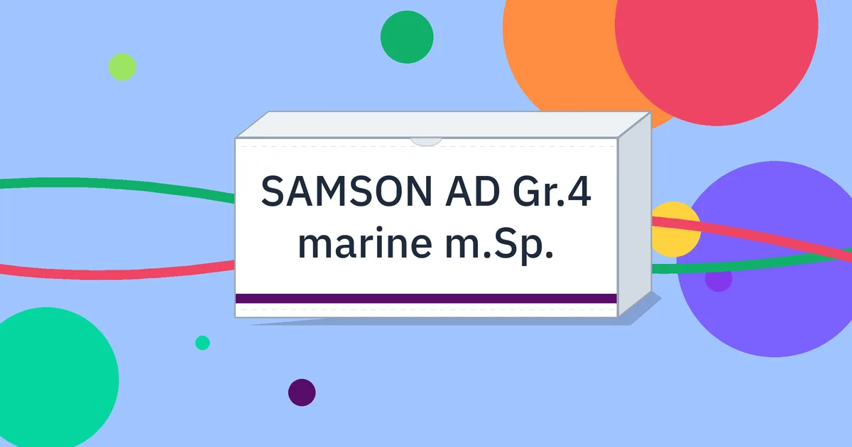 Symbolbild: Packung mit der Aufschrift SAMSON AD Gr.4 marine m.Sp. (PZN 14248790) – Verfügbarkeit und Bezug in Apotheken in Frankfurt am Main