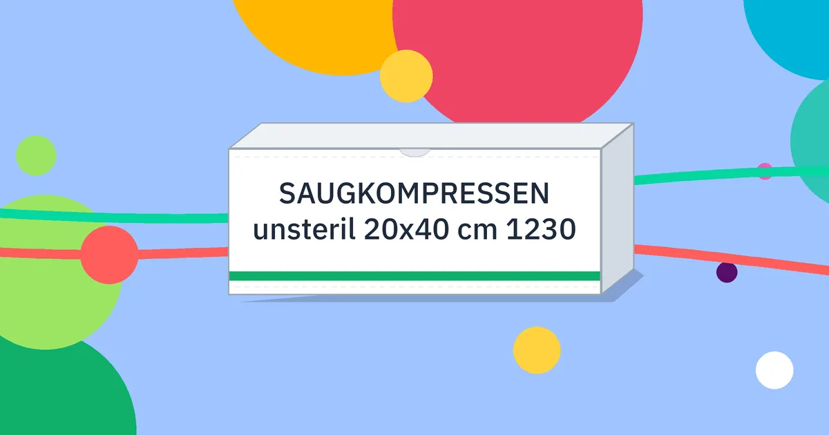 Symbolbild: Packung mit der Aufschrift SAUGKOMPRESSEN unsteril 20x40 cm 1230 (PZN 08442499) – Verfügbarkeit und Bezug in Apotheken in Frankfurt am Main